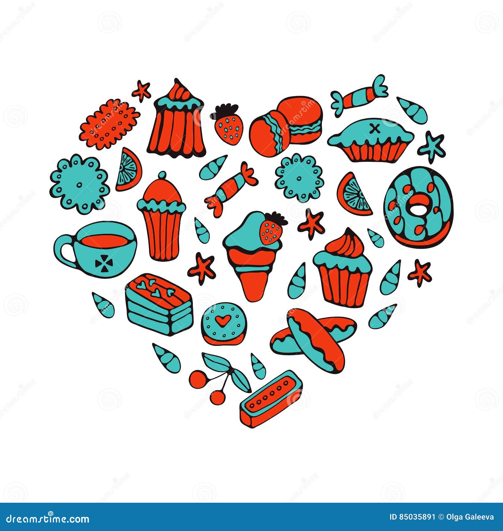 Colorful Hand Drawn Sweets Composed in a Shape of a Heart Stock Vector ...