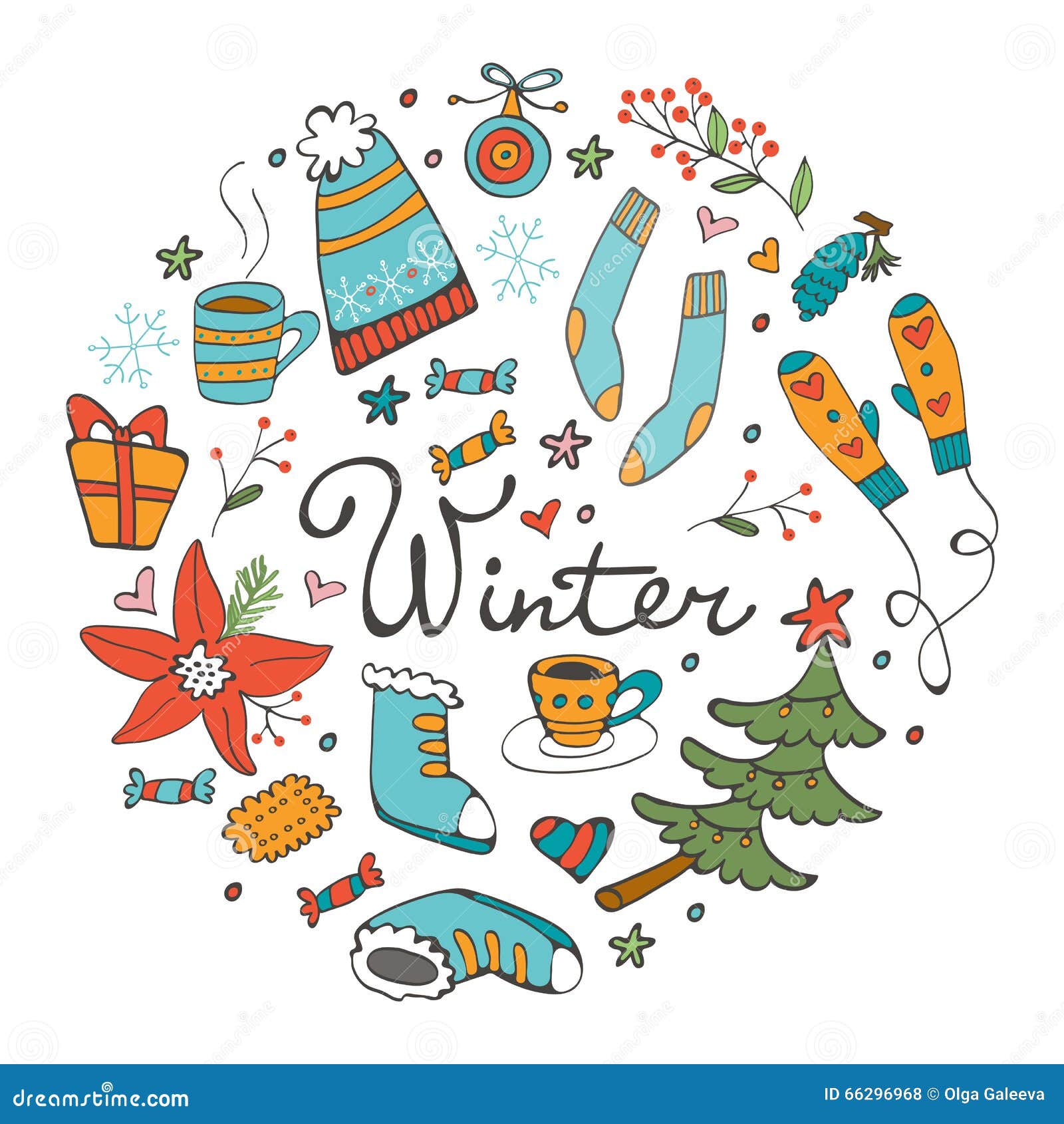 Colorful Hand Drawn Winter Collection in Round Composition ...