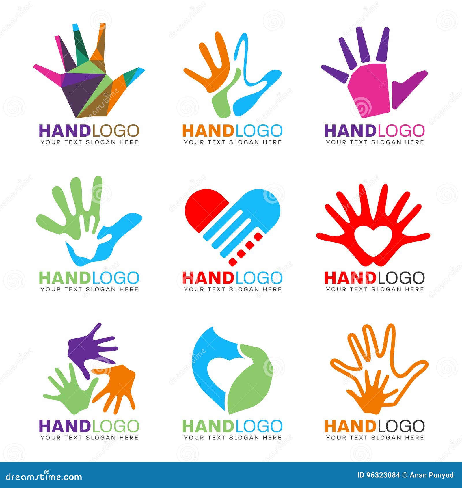 Colorful Hand and Heart Logo Concept Style Vector Set Design Stock ...