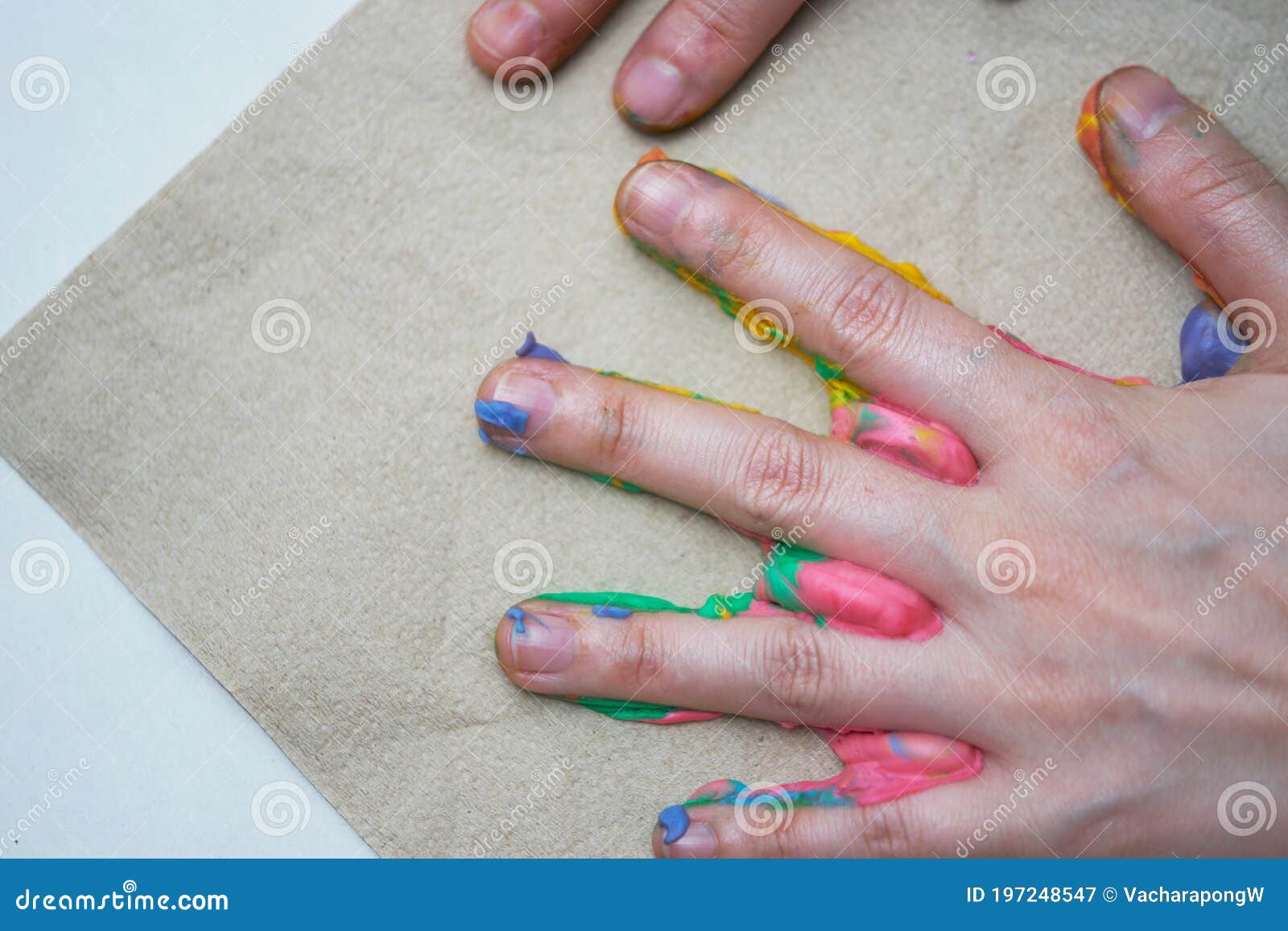 Colorful Hand Print on Canvas with Fun Art Work with Color Cream ...