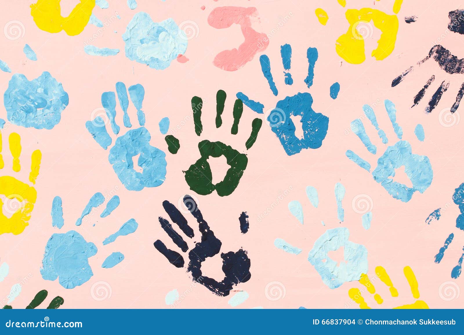 Colorful Hand Prints on Pink Wall. Stock Photo - Image of street ...