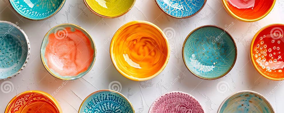 Colorful Handmade Ceramic Bowls Arranged in a Pattern on a White ...