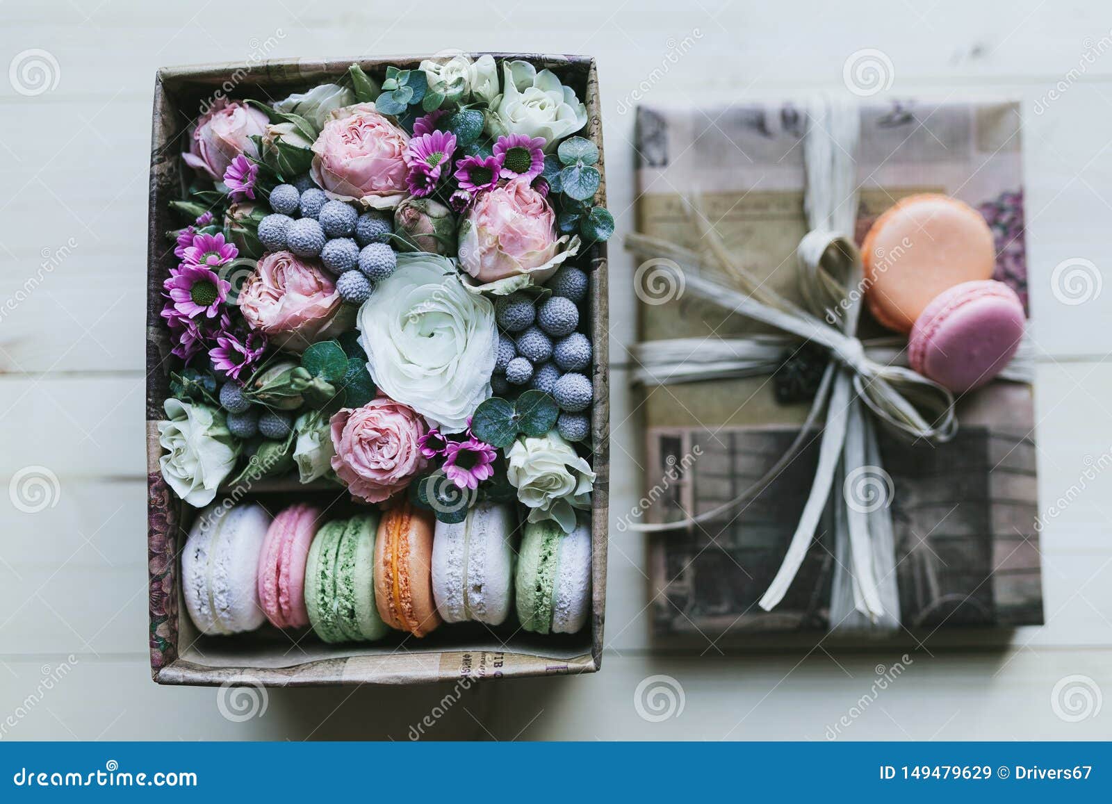 Colorful Handmade Macaroons in a Gift Box with Flowers Stock Image ...