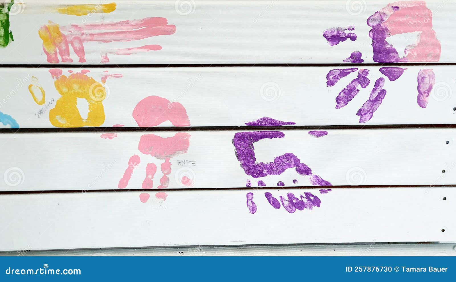 Colorful Handprints on Wooden Planks Stock Photo - Image of circle ...