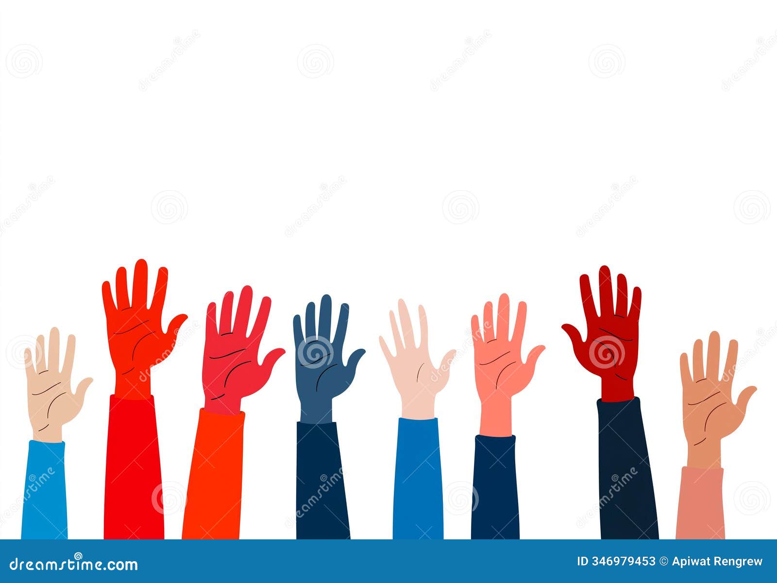 Colorful Hands Raised in Air on White Background Symbolizing Diversity ...