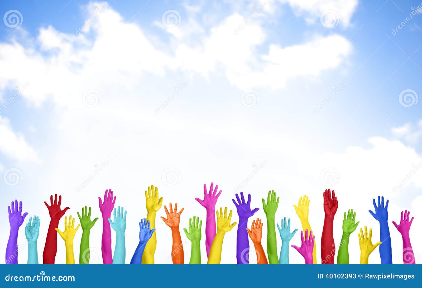 Colorful Hands Raised with Blue Sky Stock Image - Image of arms ...