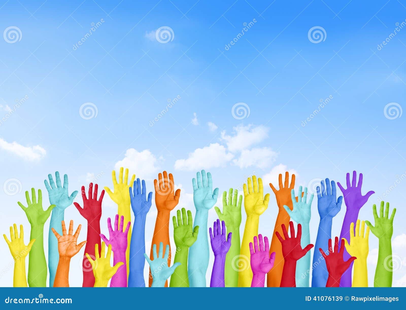 Colorful Hands Raised with Blue Sky Stock Image - Image of space, pink ...