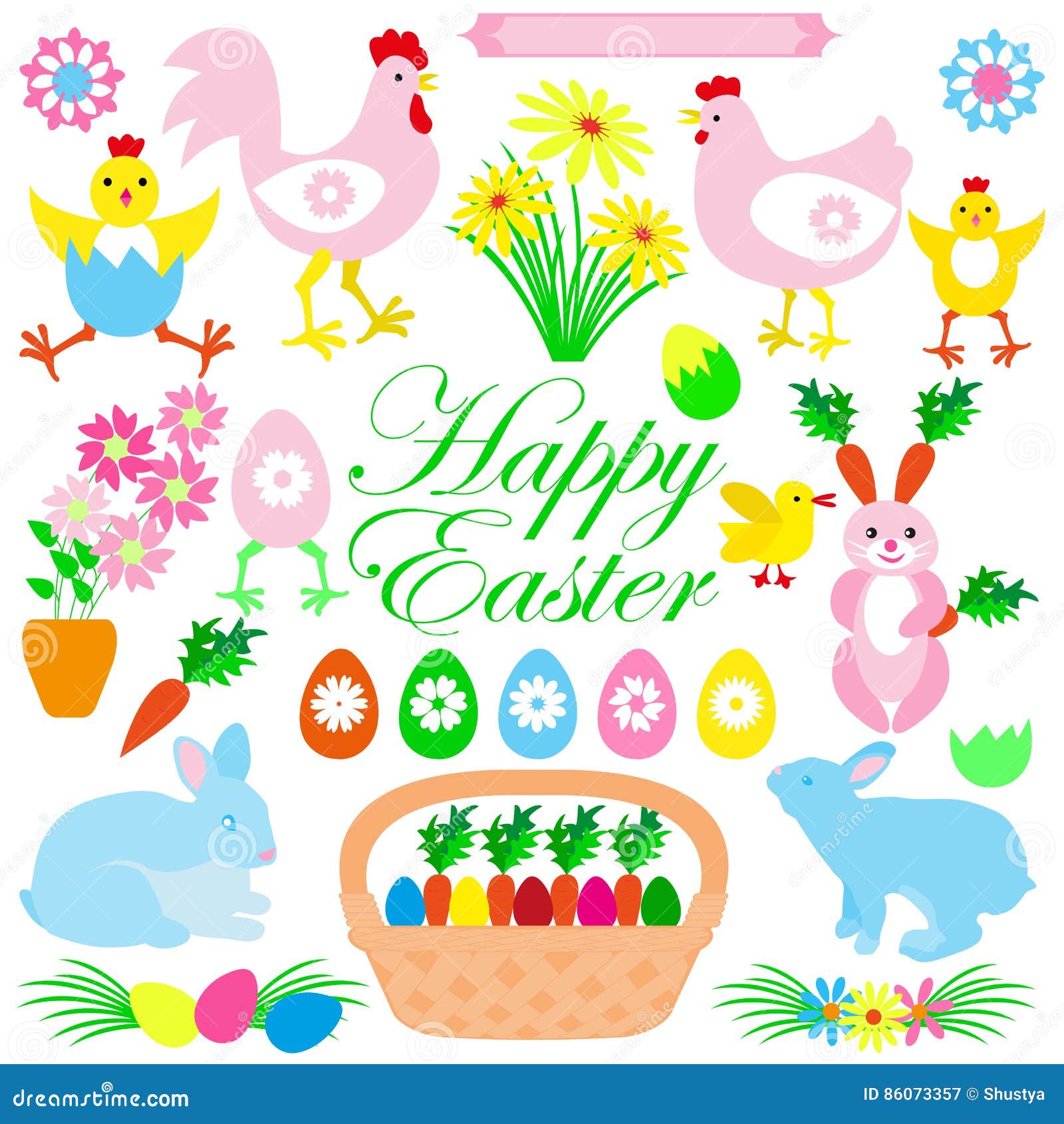 Colorful Happy Easter Collection of Icons with Rabbit, Bunny, Egg Stock ...