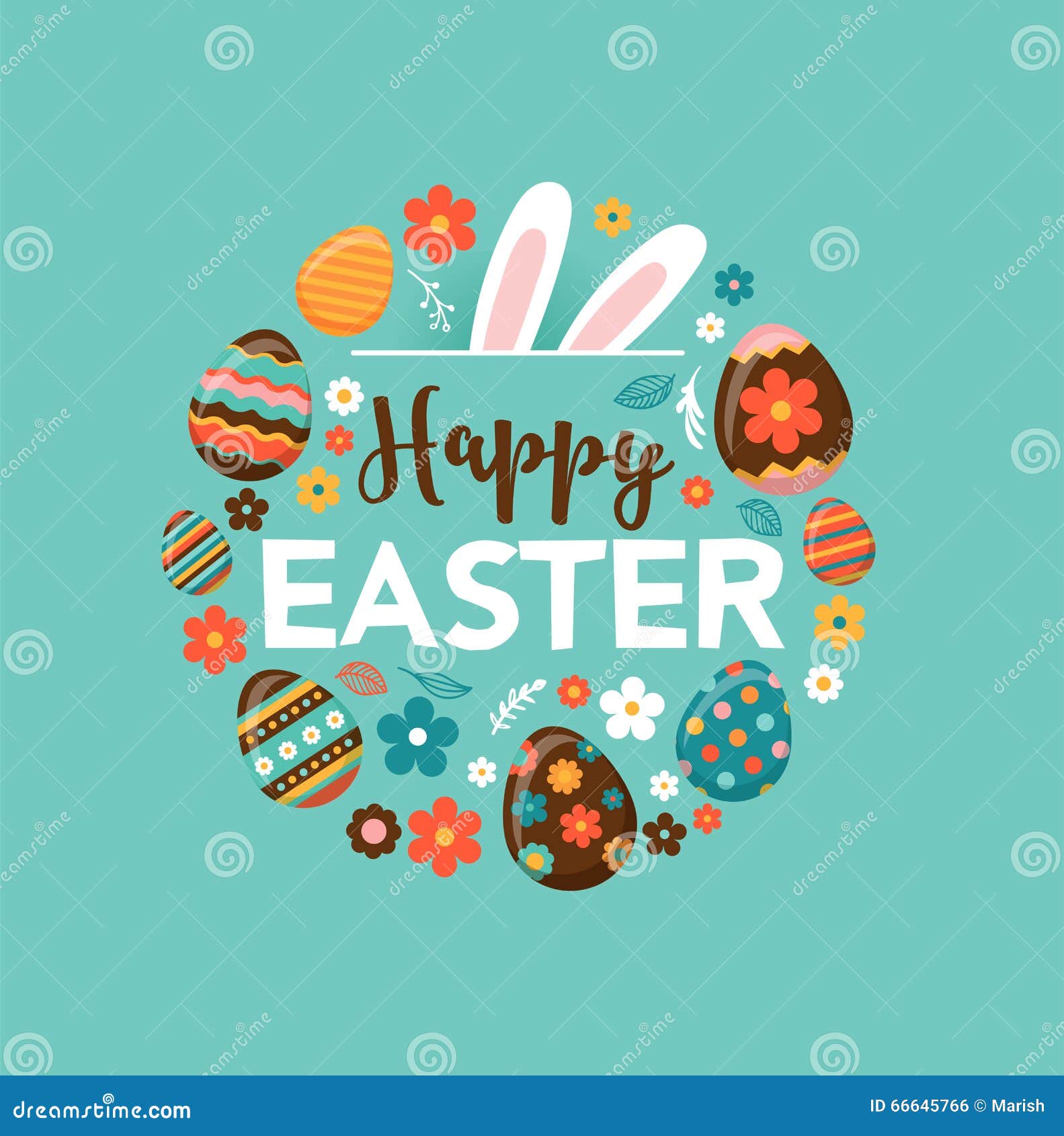 Colorful Happy Easter Greeting Card with Rabbit, Bunny and Text Stock ...
