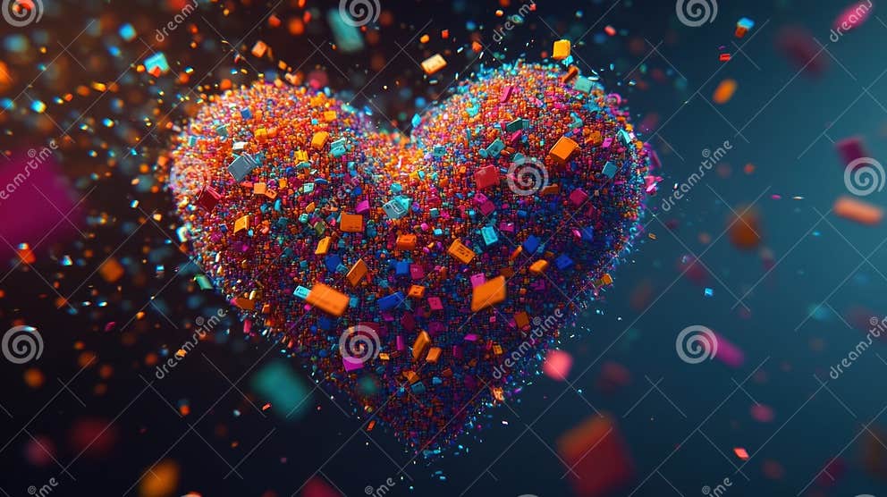 Colorful Heart Exploding with Tiny Cubes and Particles on Dark ...