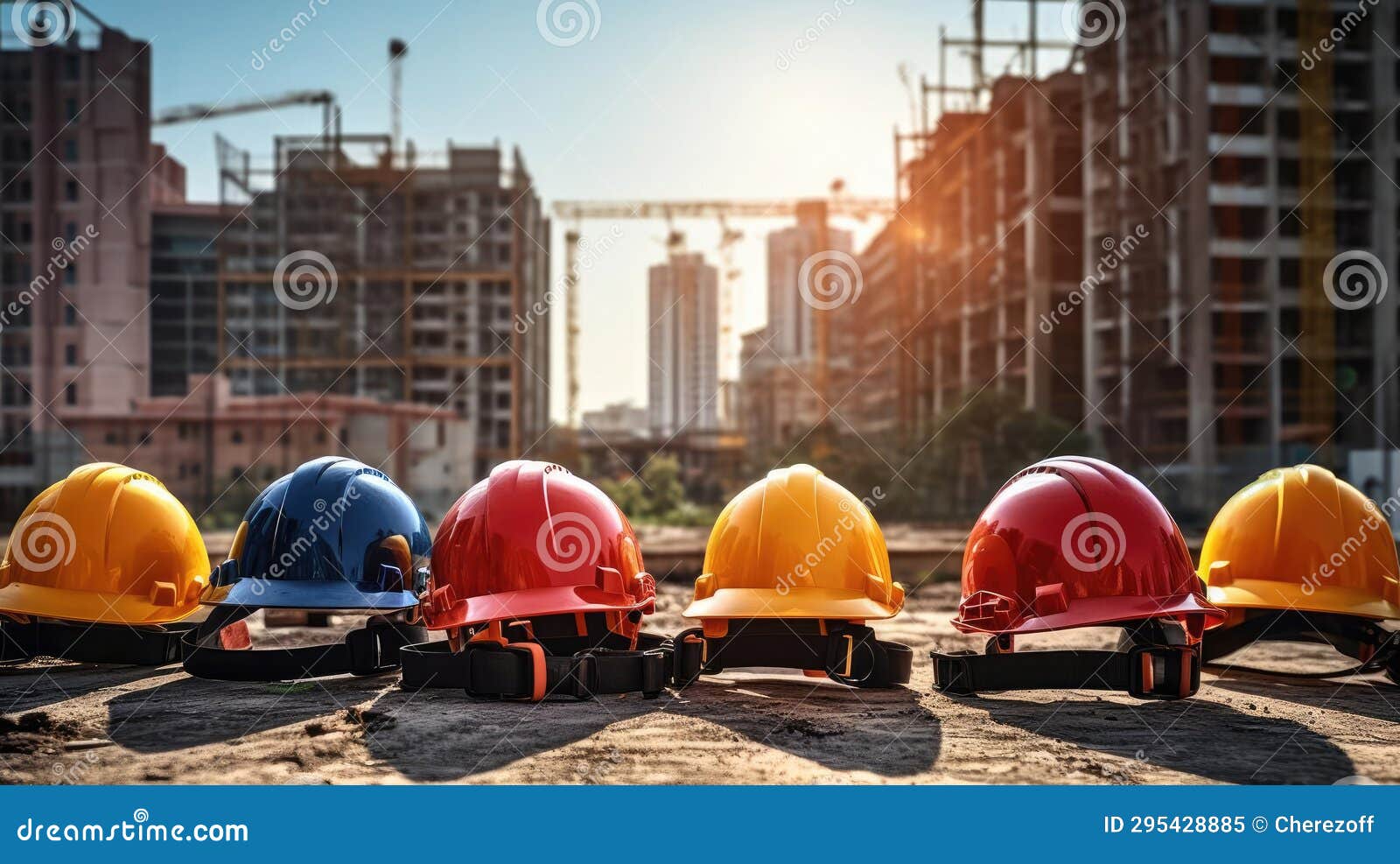 Colorful Helmets on the Table at the Construction Site Stock Image ...
