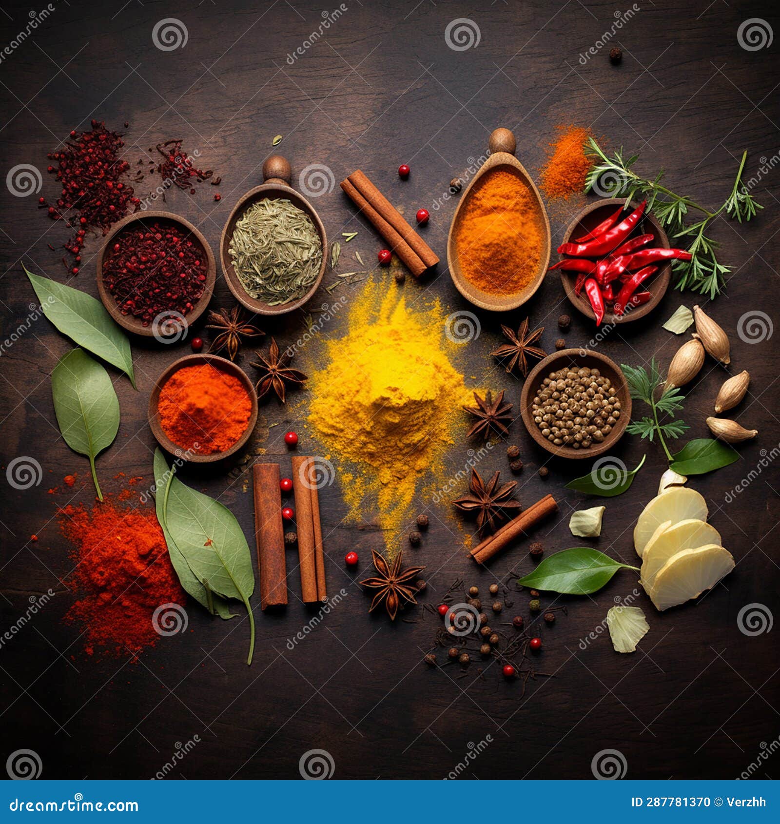 Colorful Herbs and Spices on a Dark Background 5 Stock Illustration ...