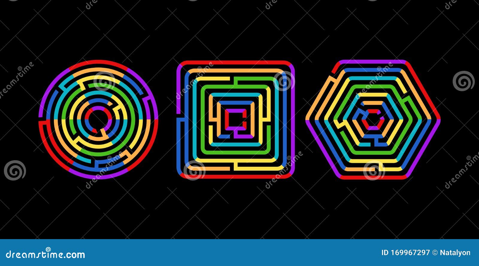 Colorful Hexagon Maze Puzzle on Black Geometric Seamless Pattern ...