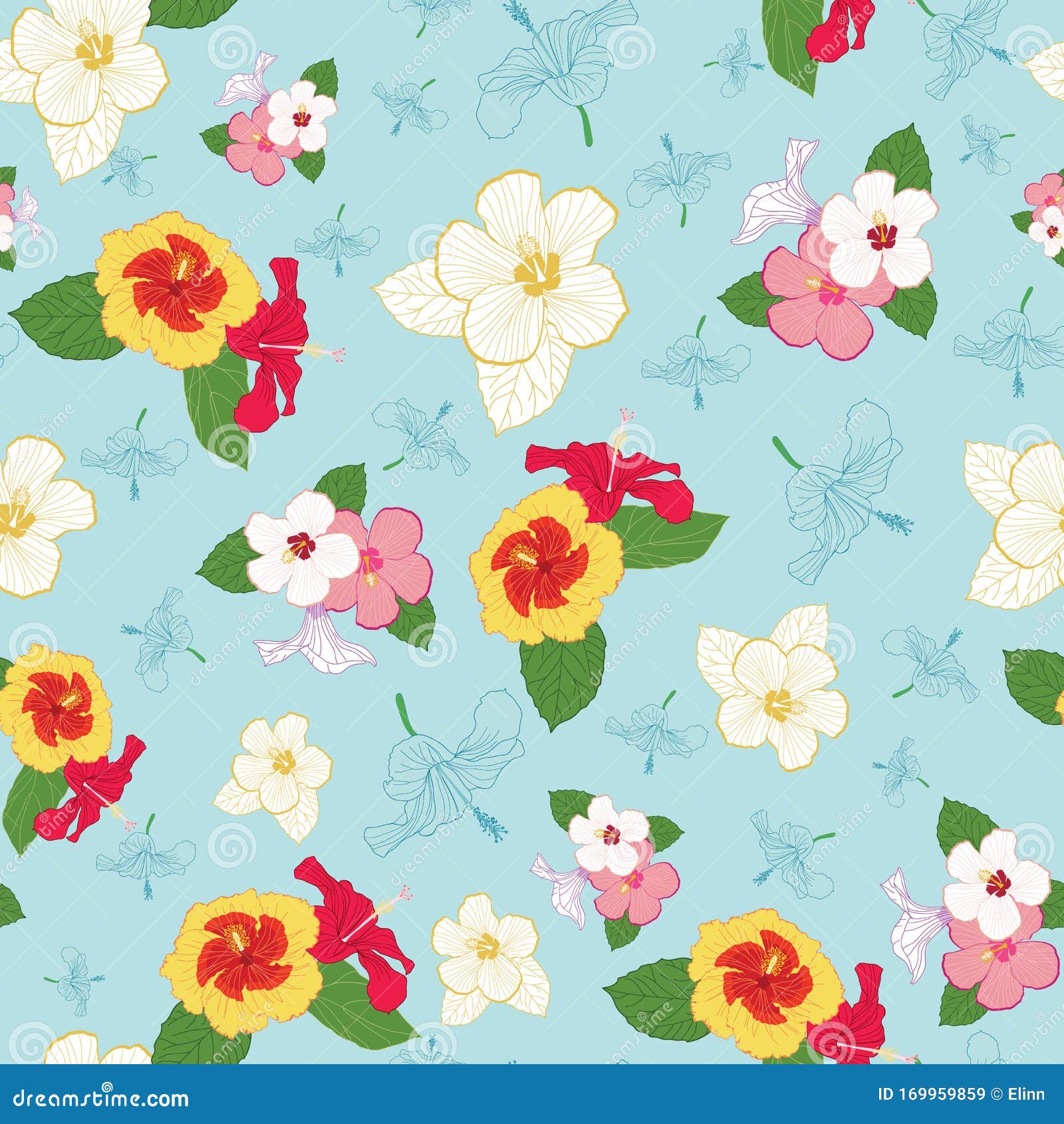 Colorful Hibiscus Flowers Seamless Pattern on Blue Background Stock ...