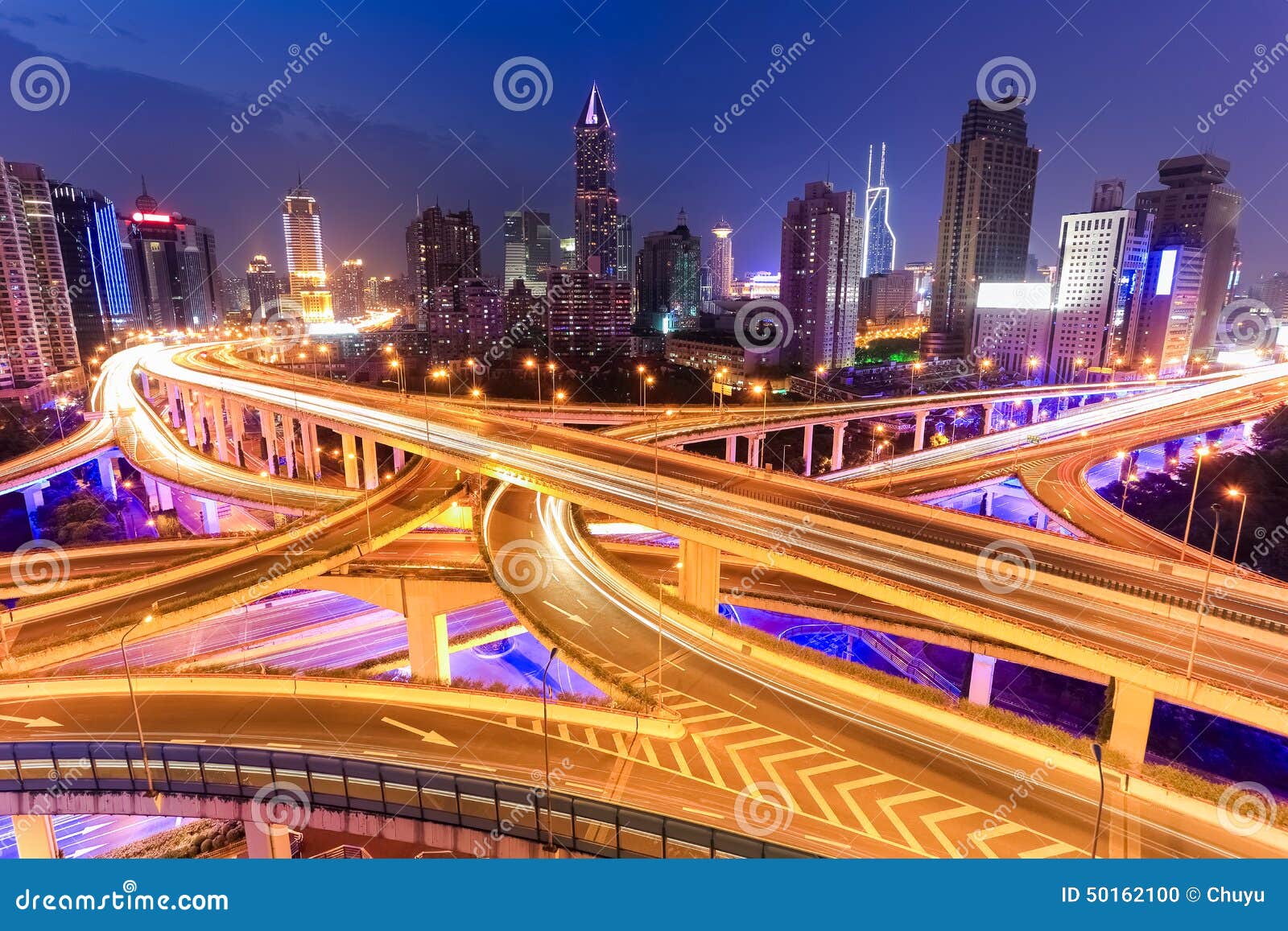 Colorful Highway Overpass at Night Stock Photo - Image of building ...