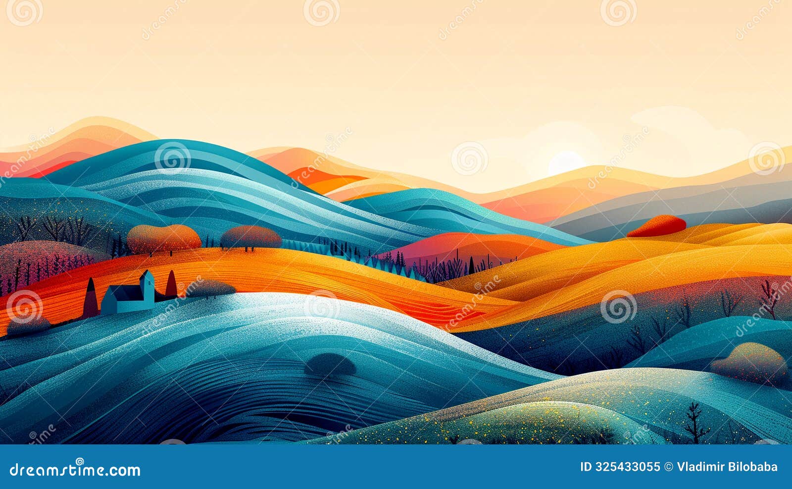 Colorful hills at sunset stock illustration. Illustration of field ...