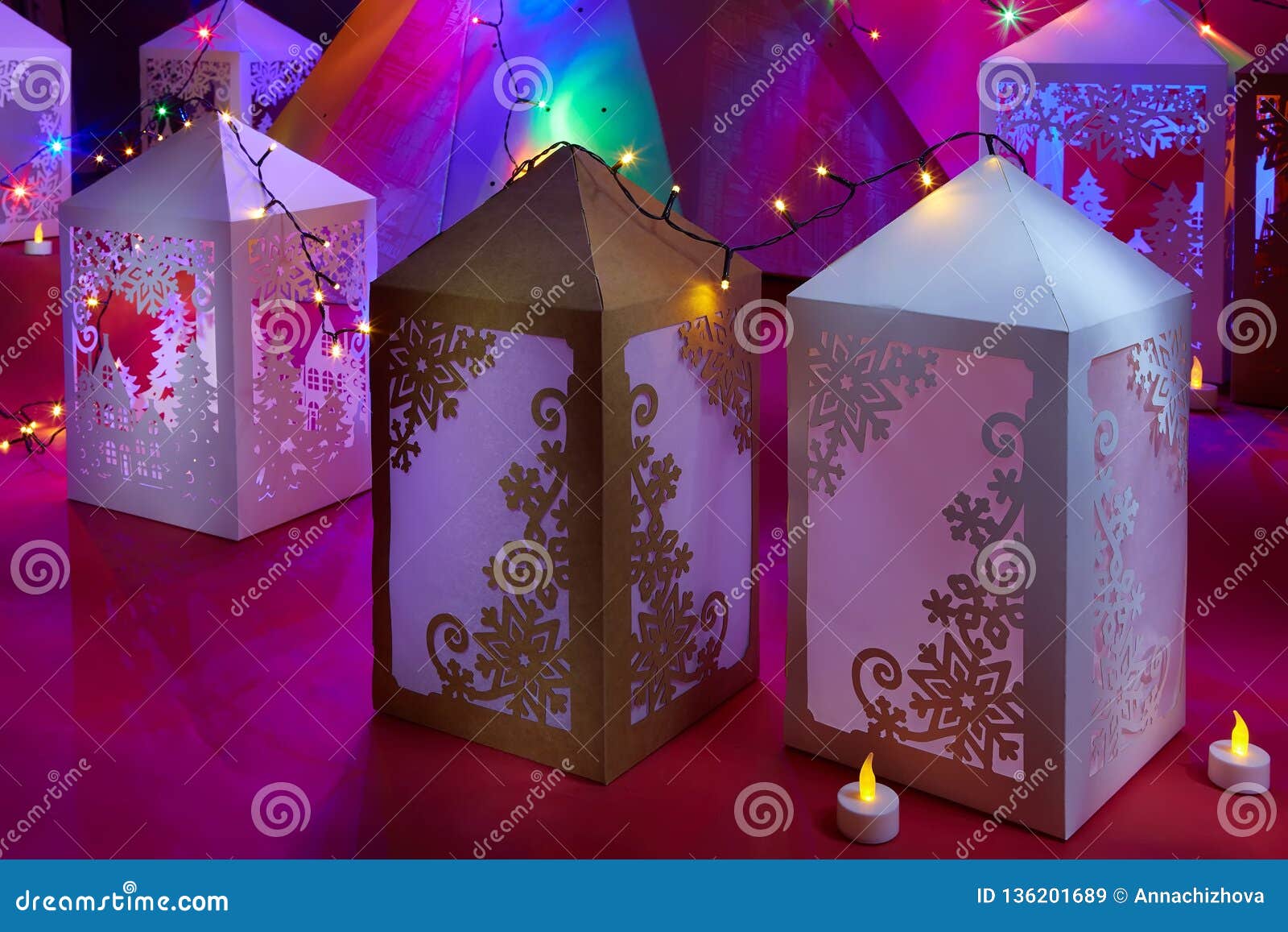 The Colorful Holiday Paper Lights. Holiday Background. Stock Image ...