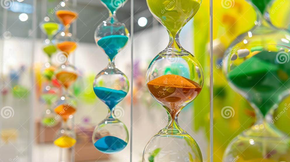 Colorful Hourglasses With Flowing Sand In A Modern Display Concept Of Time Fragility And Art