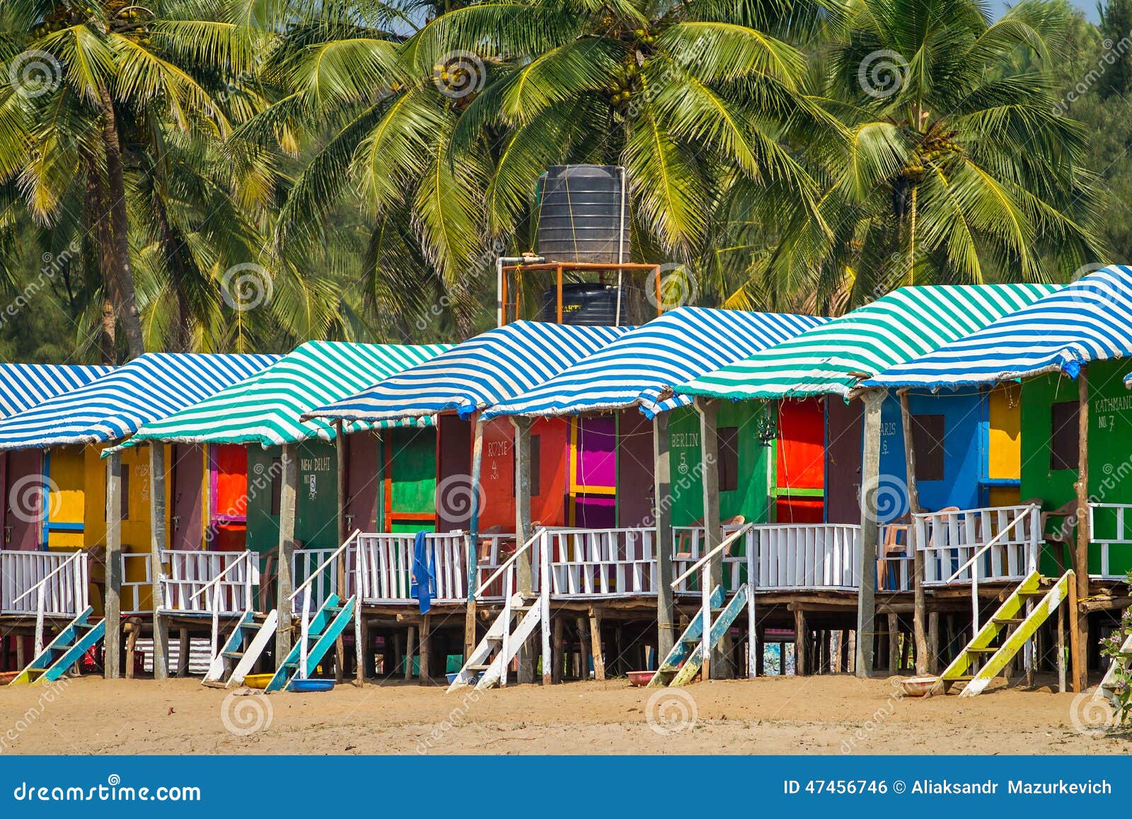 Colorful Huts on the Sandy Beach in Goa Stock Photo - Image of sunny ...