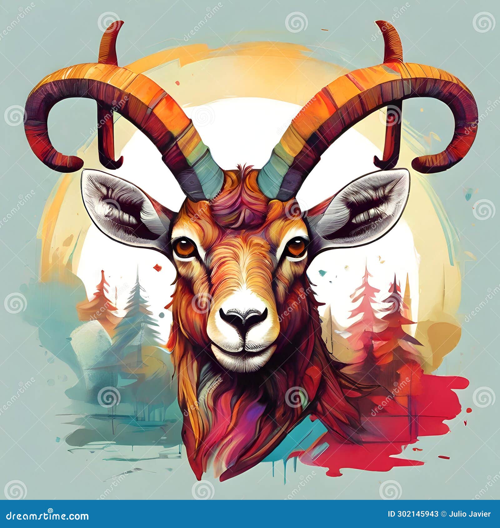 Colorful Ibex Head with Colorful Forest Theme Surrounded by a Trees ...