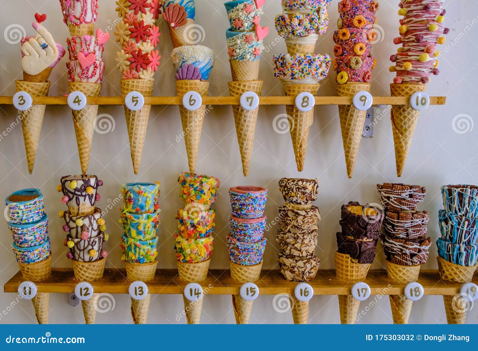 Colorful Ice Cream with Colorful Candy Display on Wood Shelf Stock ...