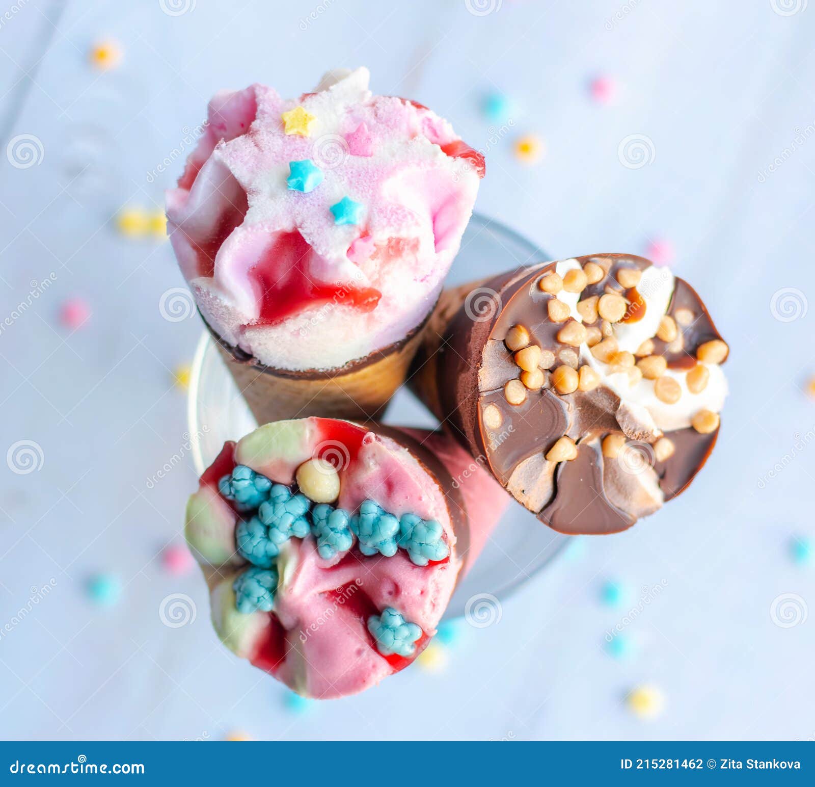 Colorful Ice Cream Cones with a Variety of Toppings. Stock Photo - Image of dessert, cream ...