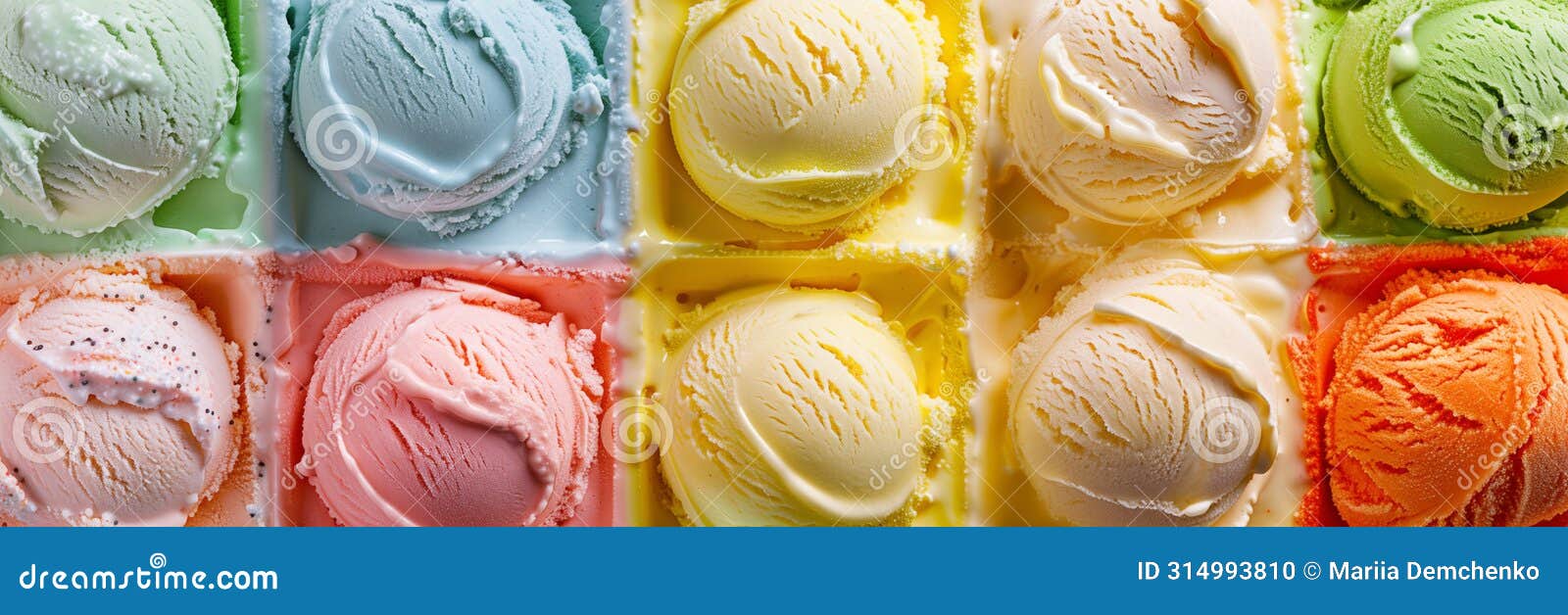 Colorful Ice Cream in Neat Rows with Various Flavors Banner. Panoramic ...
