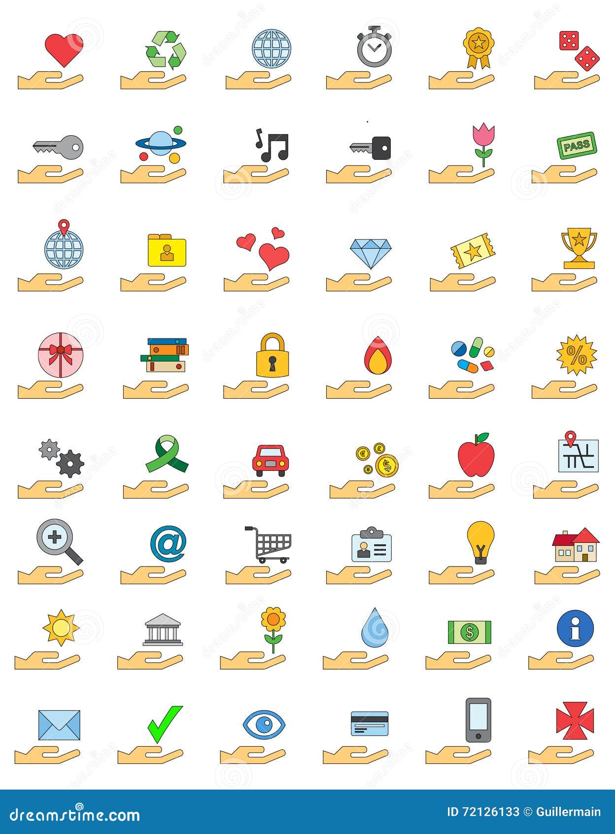 Colorful Icon Set of Objects Over Hands Stock Vector - Illustration of ...