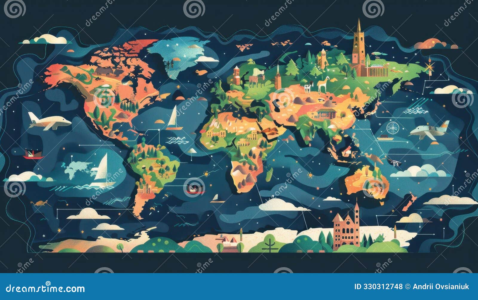 Colorful Illustrated World Map Featuring Landmarks, Transportation, and ...