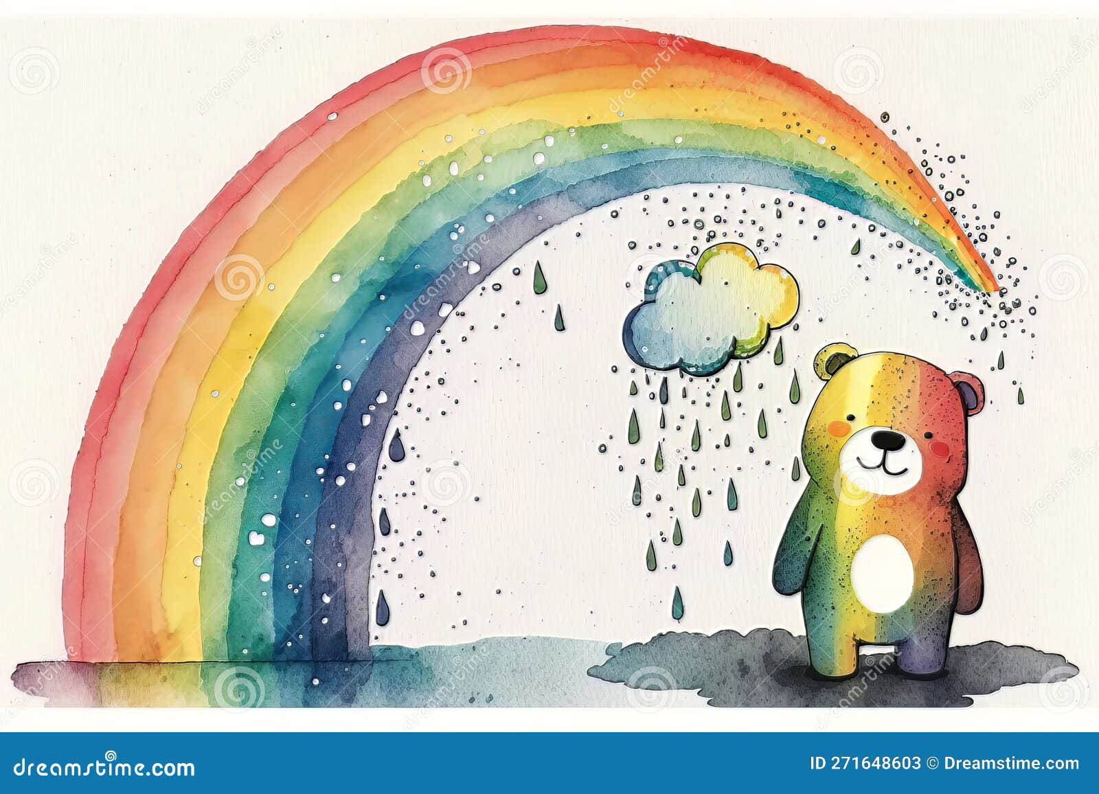 Colorful Illustration of a Bear with a Rainbow and Raining Cloud Stock ...