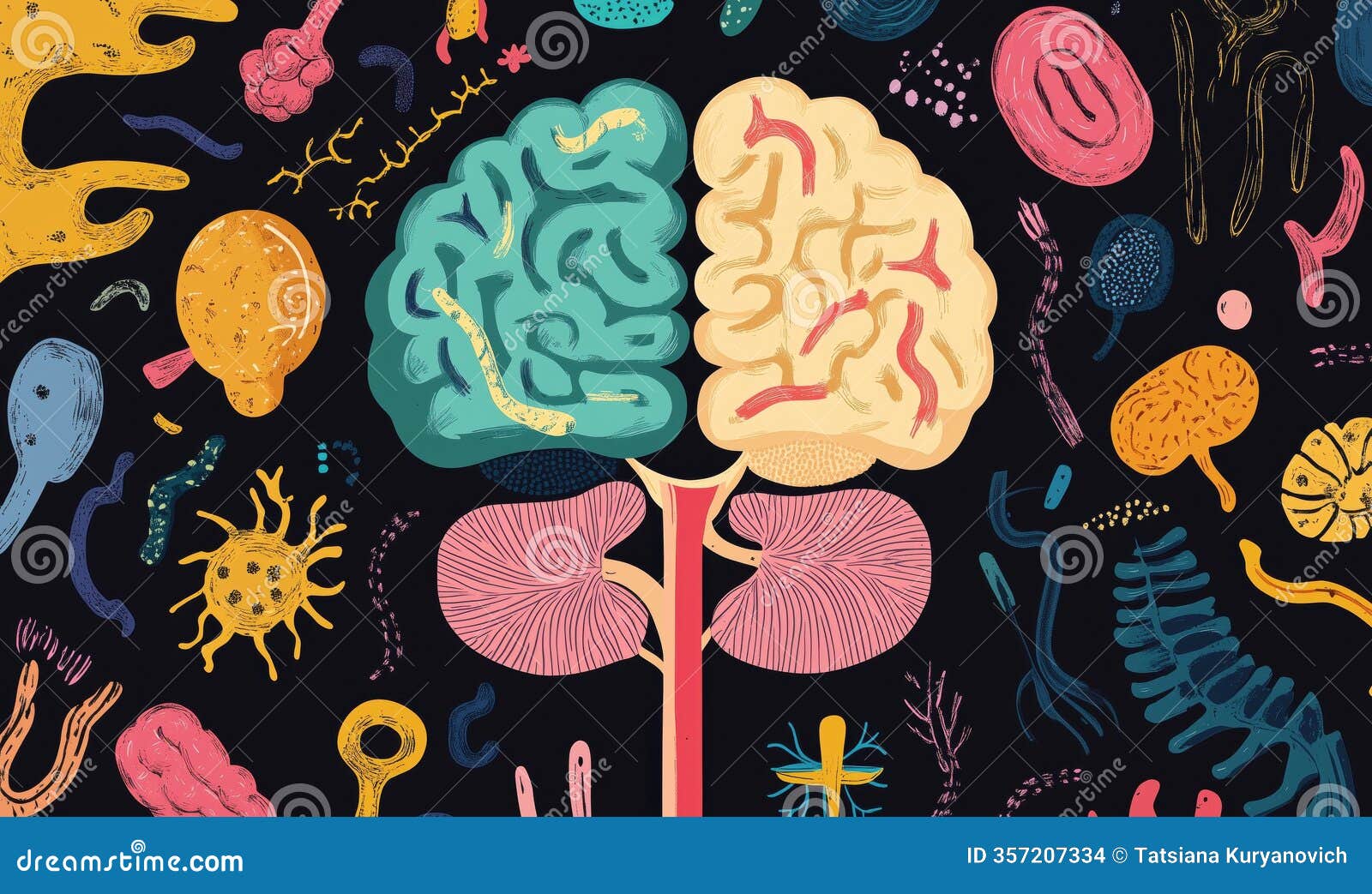 Colorful Illustration of Brain and Kidney Surrounded by Various ...