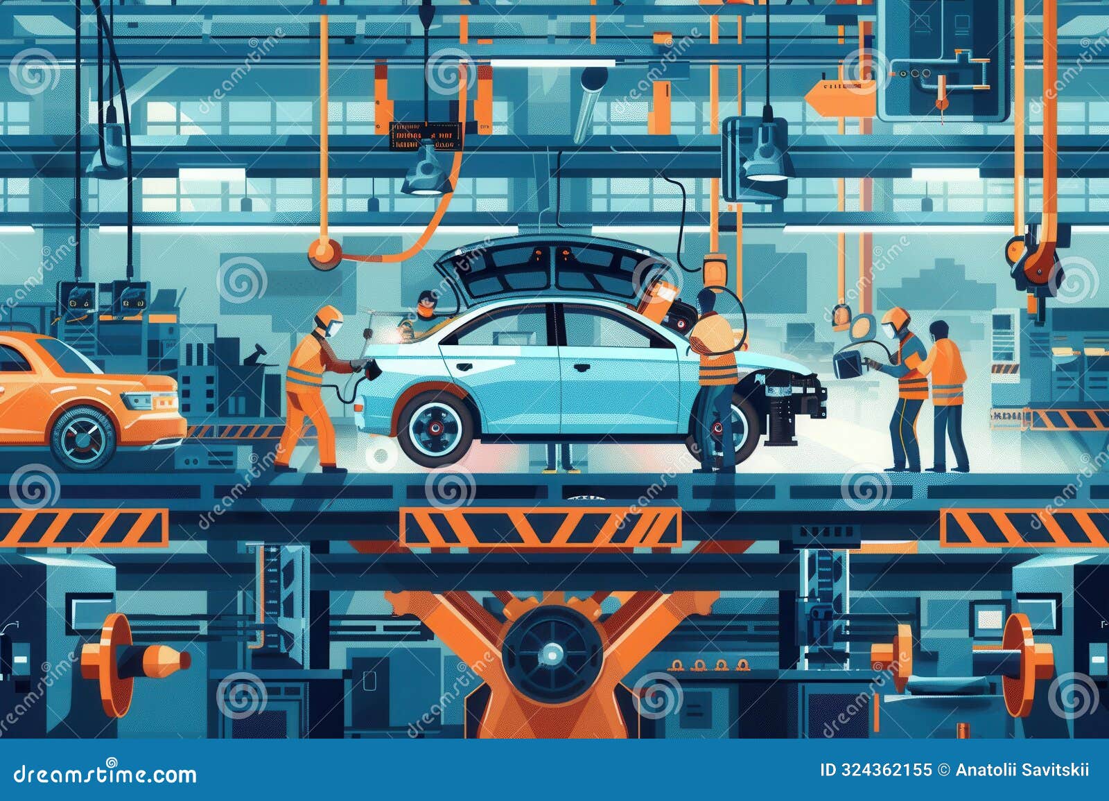 A Colorful Illustration of a Car Factory Assembly Line with Workers ...