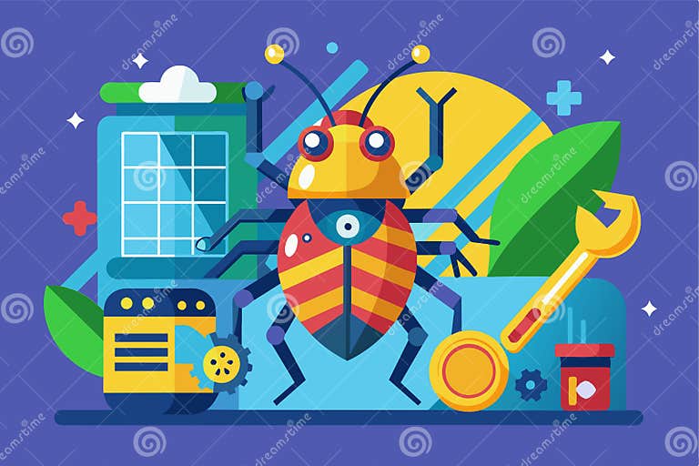A Colorful Illustration Depicting Bug Fixing Concepts with a Large Bug ...