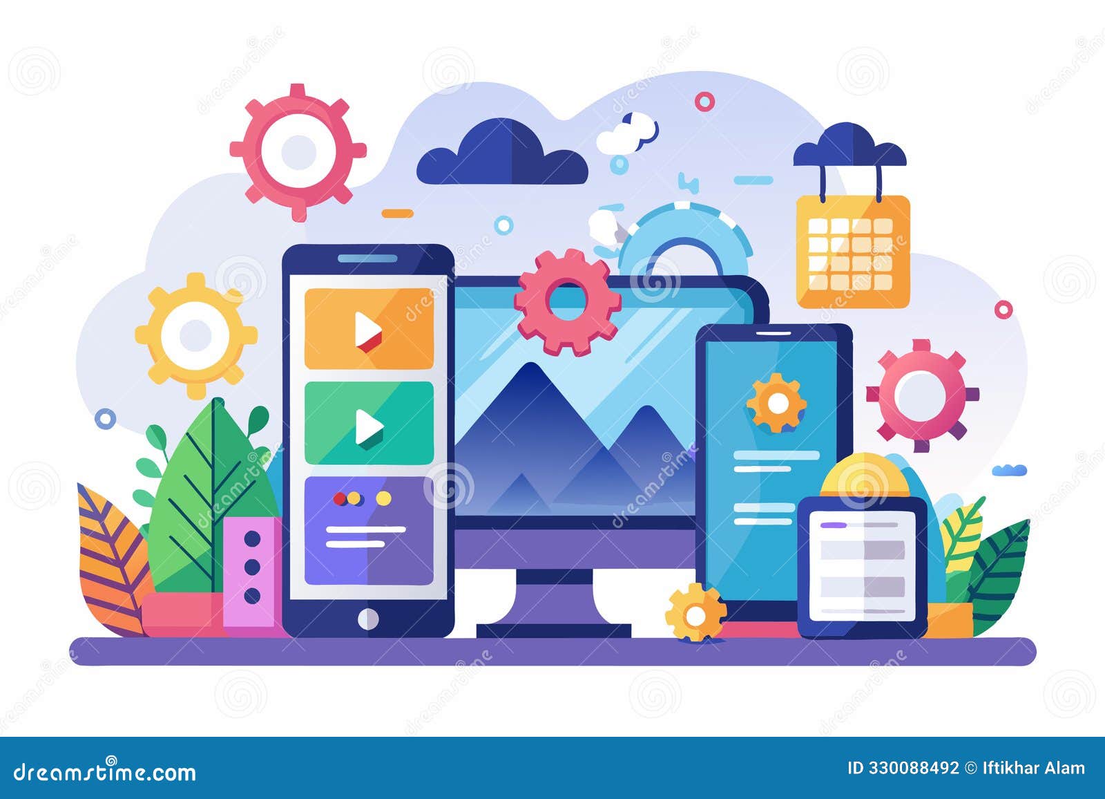 Colorful Illustration Depicting Various Devices and Elements ...