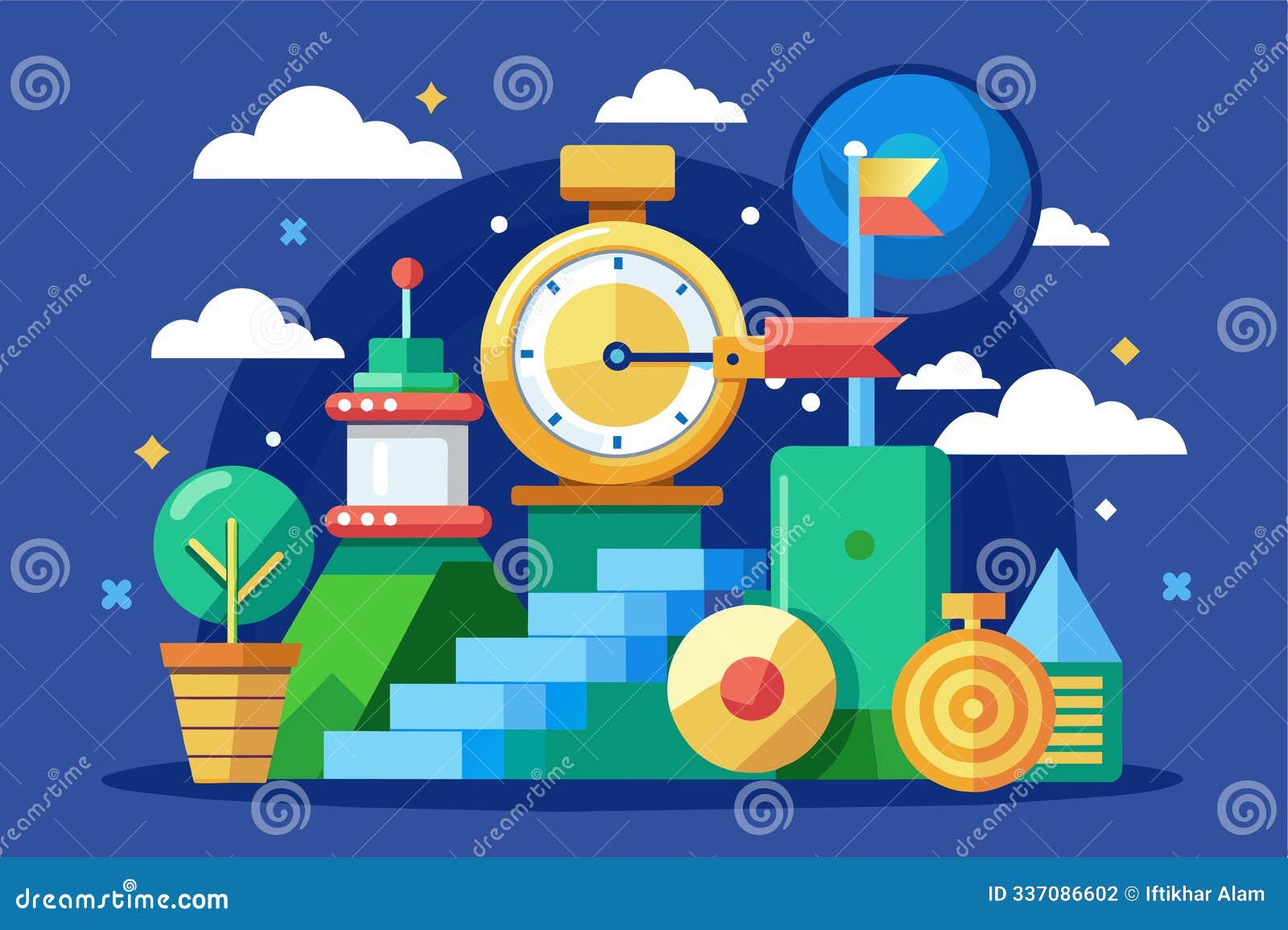 A Colorful Illustration Depicts a Clock and Various Elements ...
