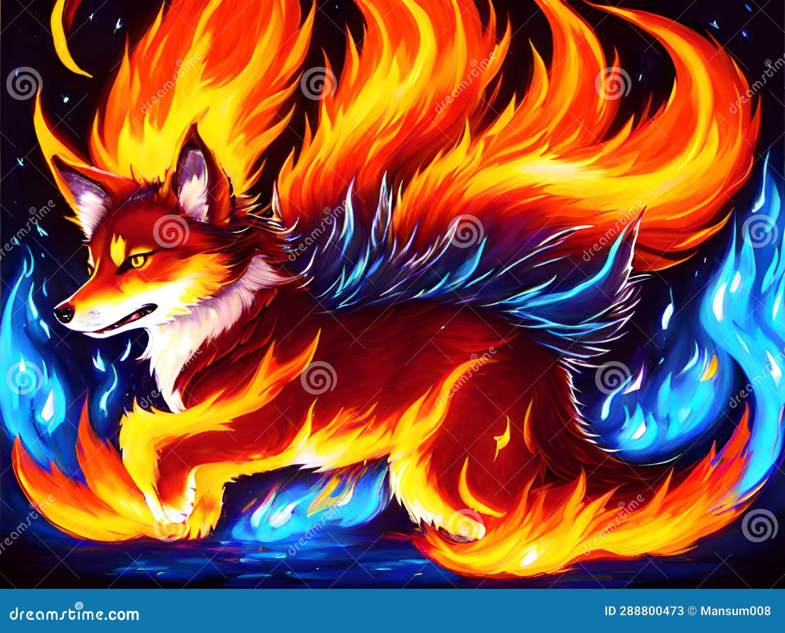 Colorful Illustration of a Fox with Fire Flame on a Black Background ...