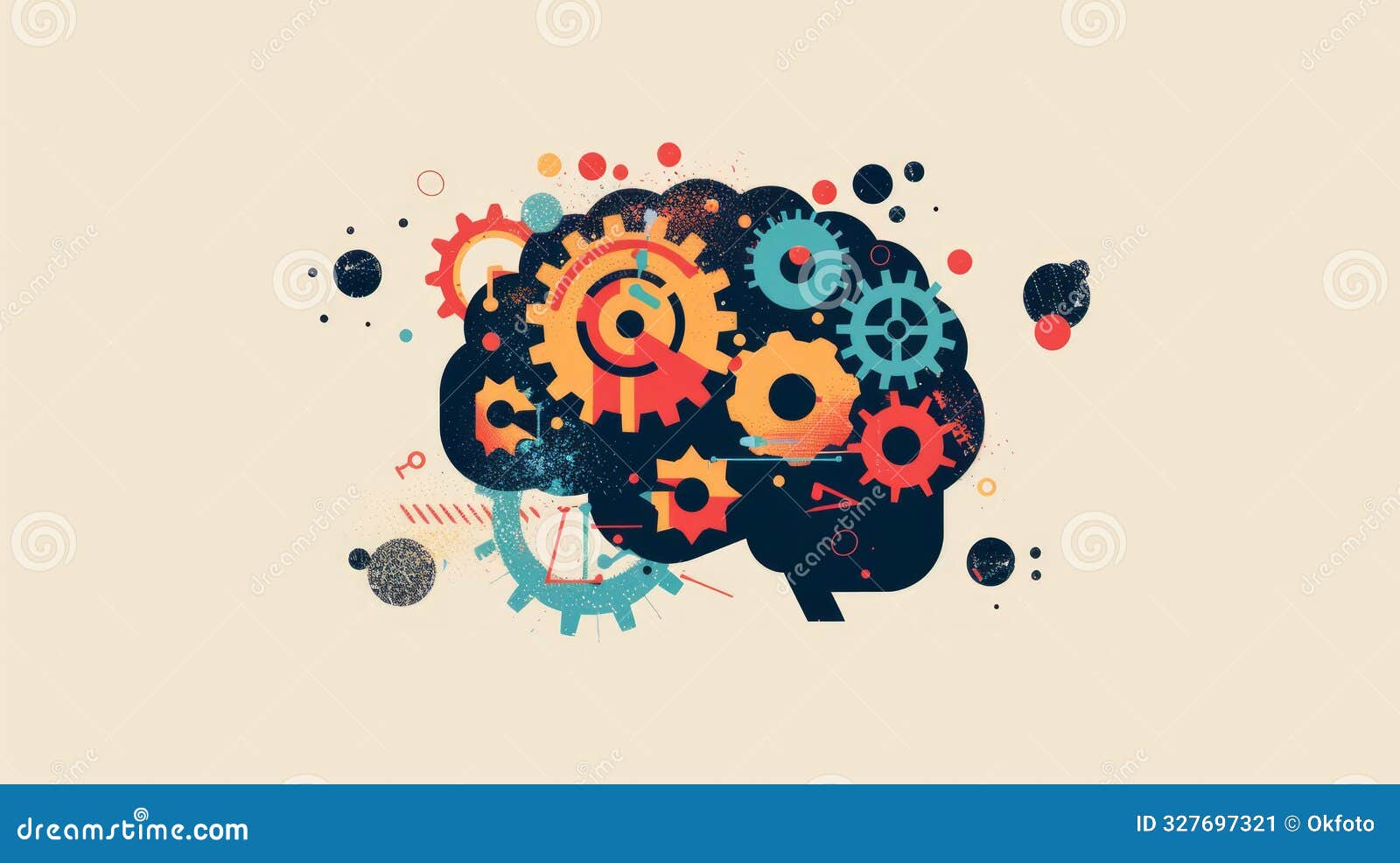 Colorful Illustration of a Human Brain Working Hard with Cogwheels ...