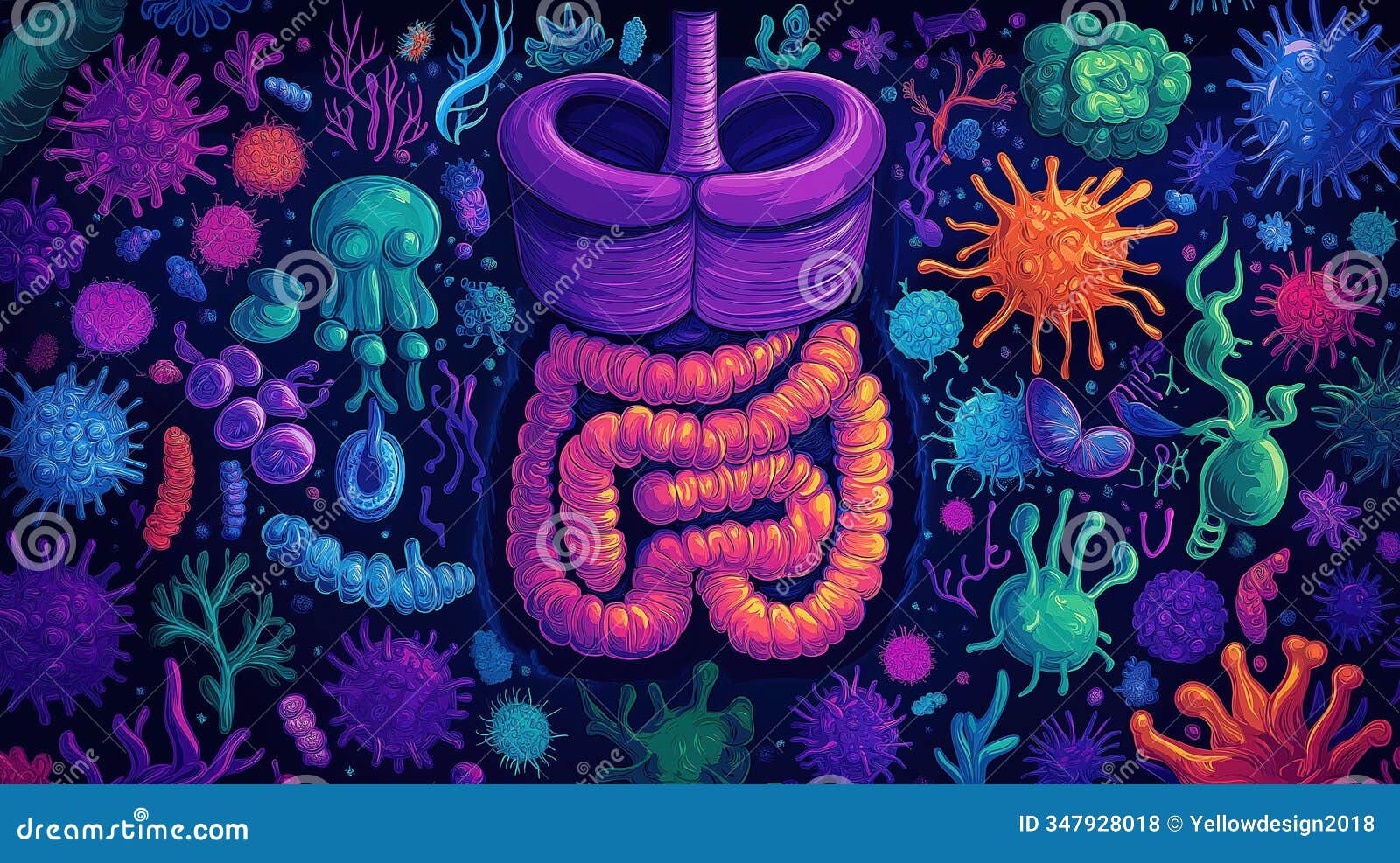 Colorful Illustration of a Human Digestive System with Vibrant Microbes ...