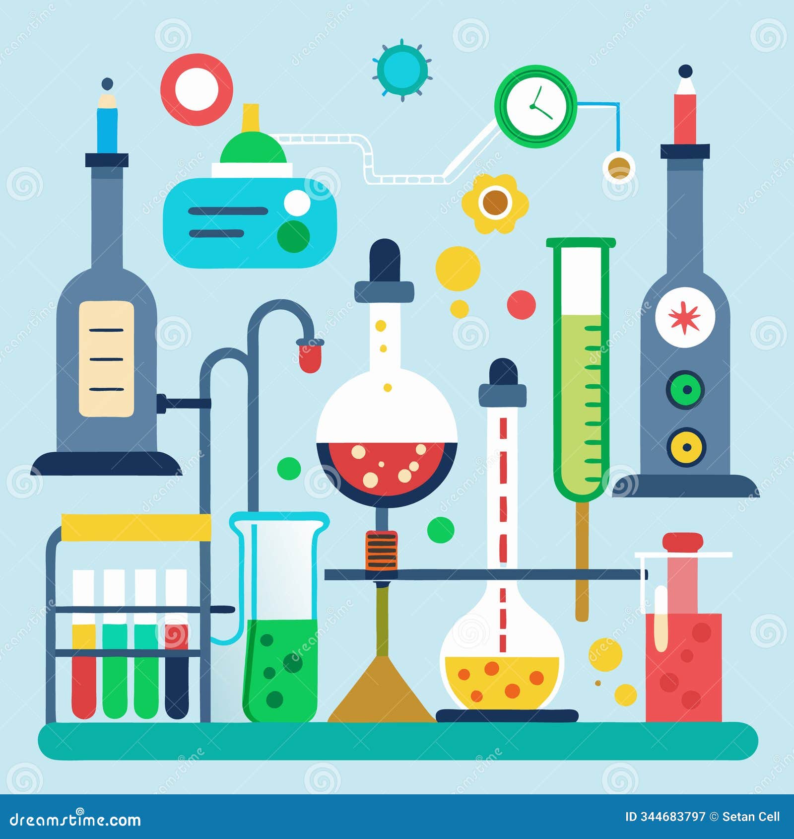 Colorful Illustration of Lab Equipment, Beakers, Flasks, and Test Tube ...
