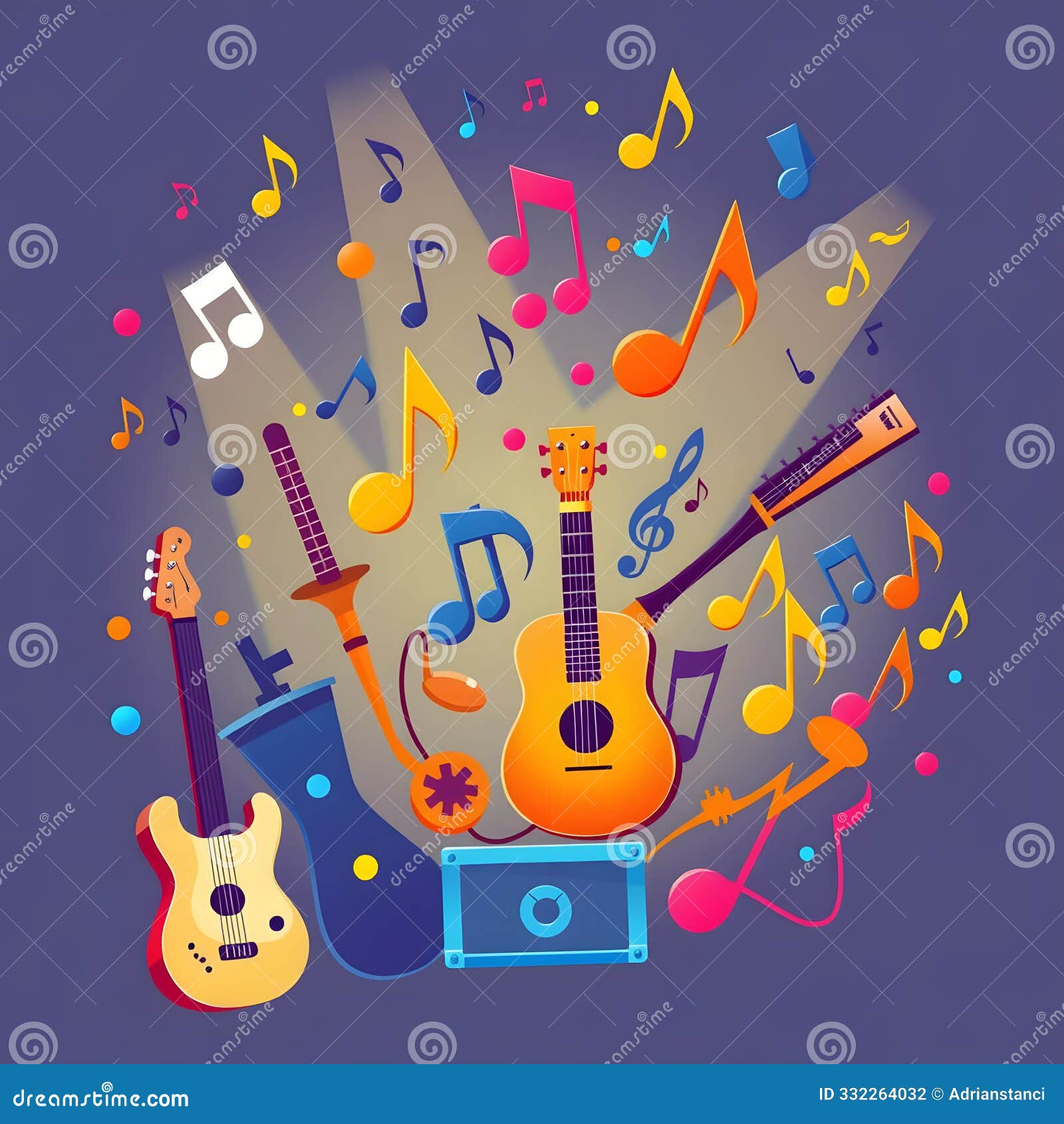 Colorful Illustration of Musical Instruments with Notes on Purple ...
