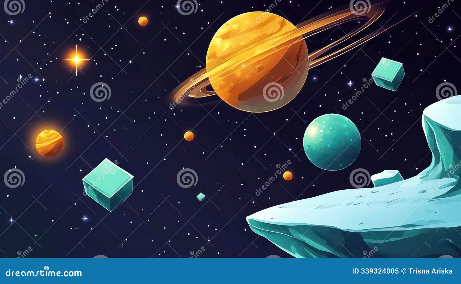 A Colorful Illustration of Planets and Cubes Floating in Space Stock ...