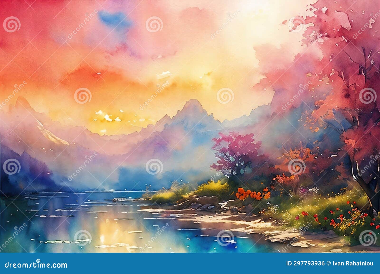 Colorful Illustration of a River. Watercolor Drawing Stock Illustration ...