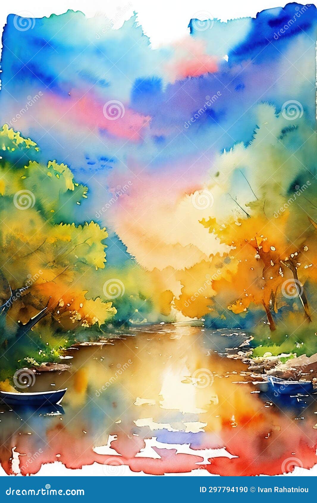 Colorful Illustration of a River. Watercolor Drawing Stock Illustration ...