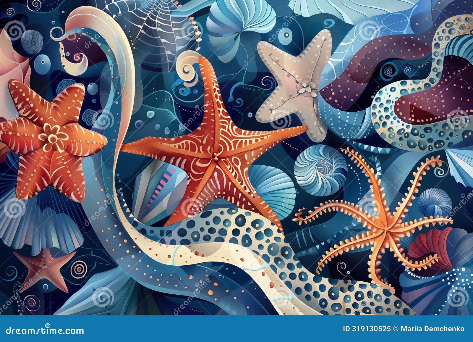 Colorful Illustration of Underwater Scene Featuring Starfish, Octopus ...