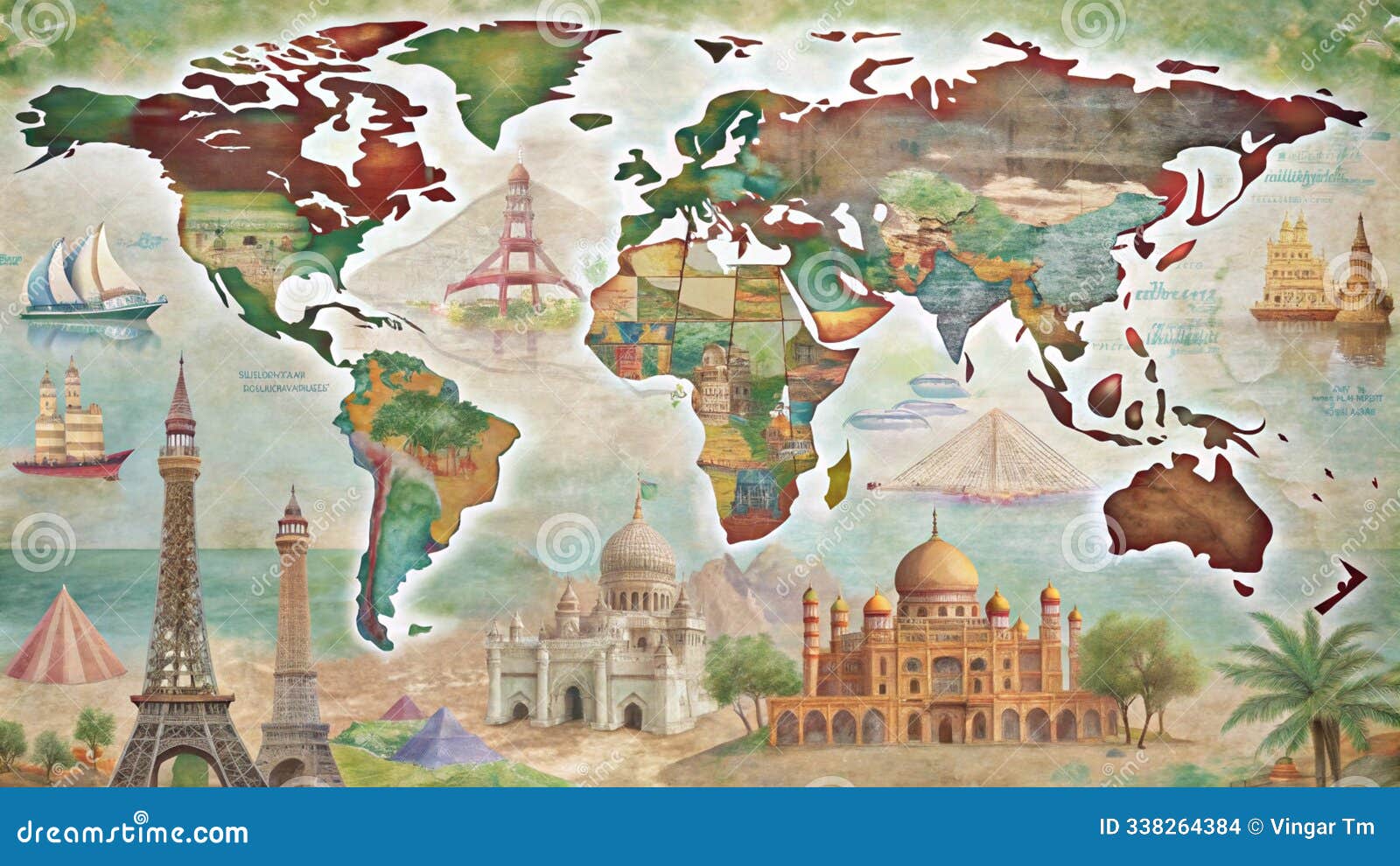 A Colorful Illustration of a World Map with Various Landmarks and ...