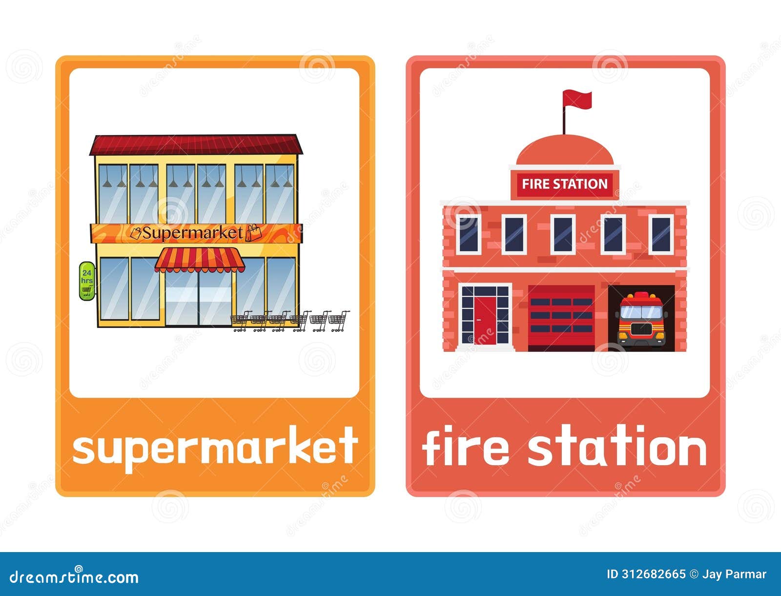Colorful Illustrative Buildings Flashcard - 4 Stock Illustration ...