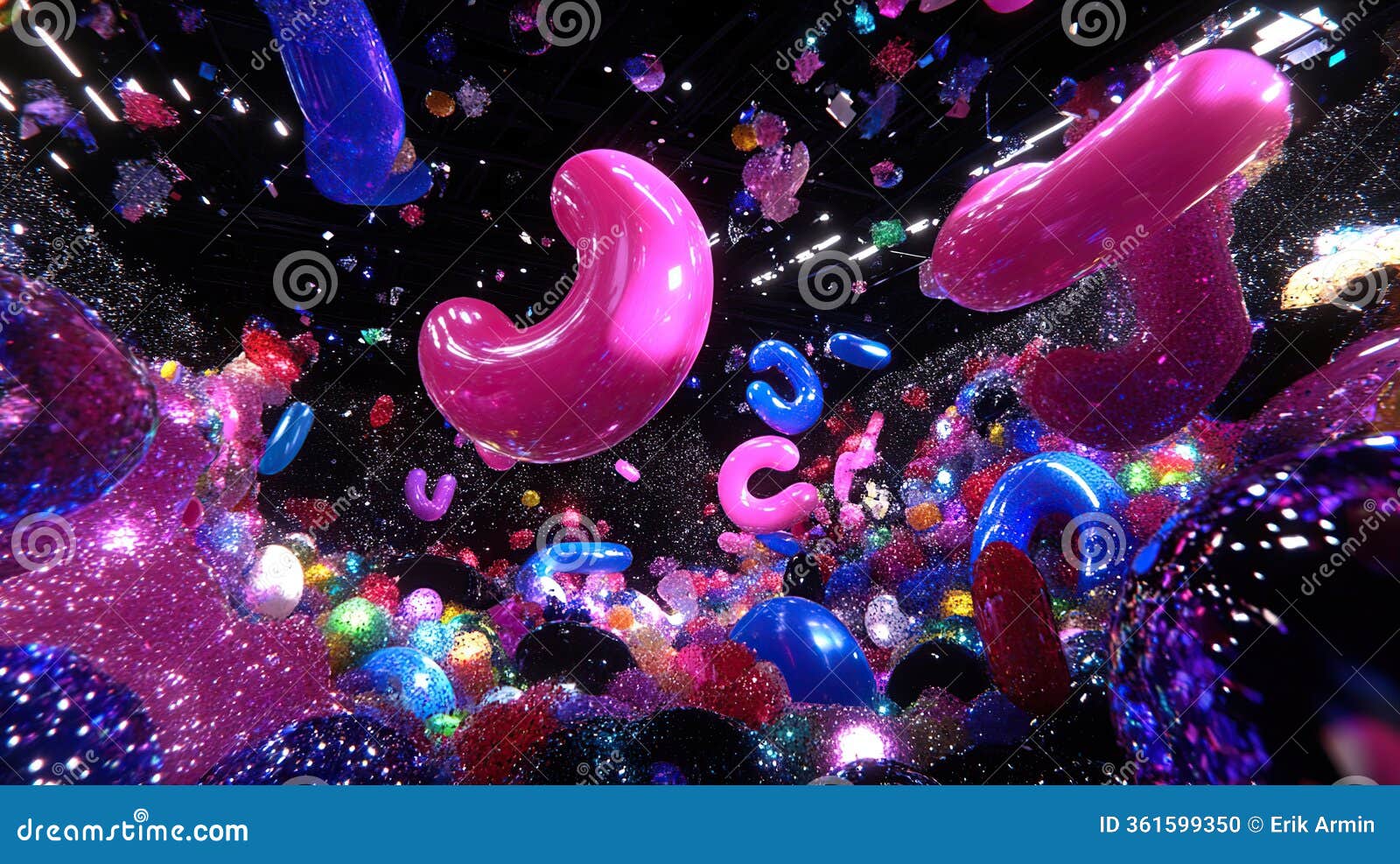Colorful, Inflatable Shapes Falling in Dark Indoor Space; Event ...