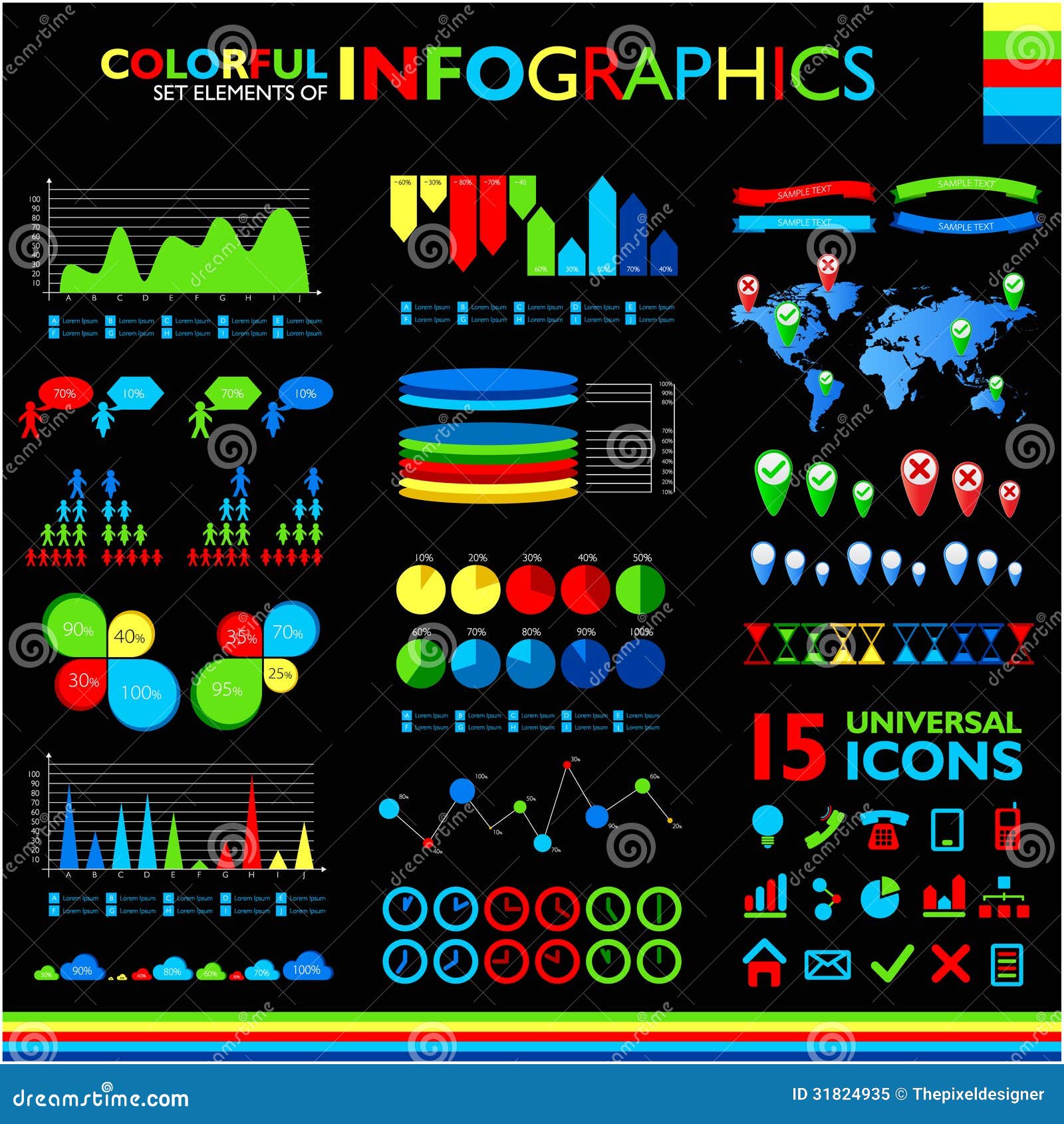 Colorful Infographics Set on Black Stock Vector - Illustration of ...