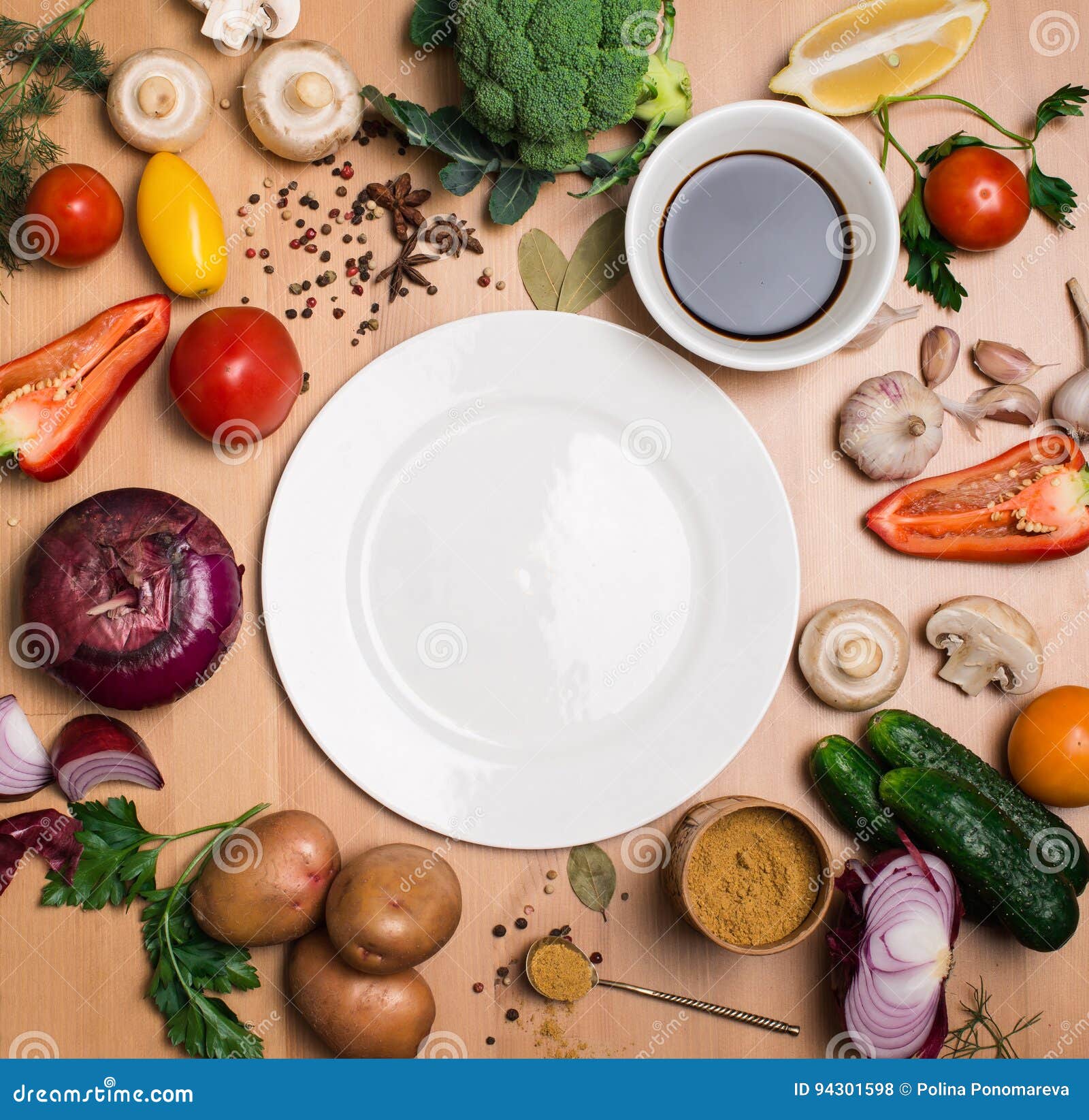 Colorful Ingredients for Cooking on Rustic Wooden Table Around E Stock ...