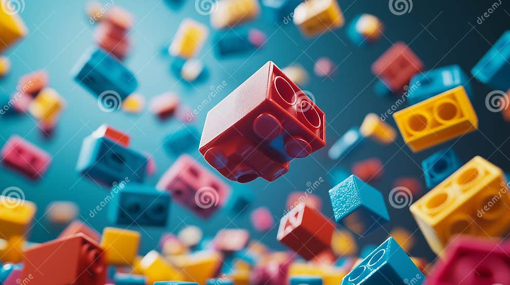 Colorful Interlocking Toy Blocks Floating Against a Blurred Blue ...